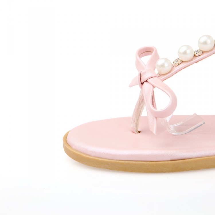 Cute Pearls And Bow Design T Strap Pink Sandals on Luulla